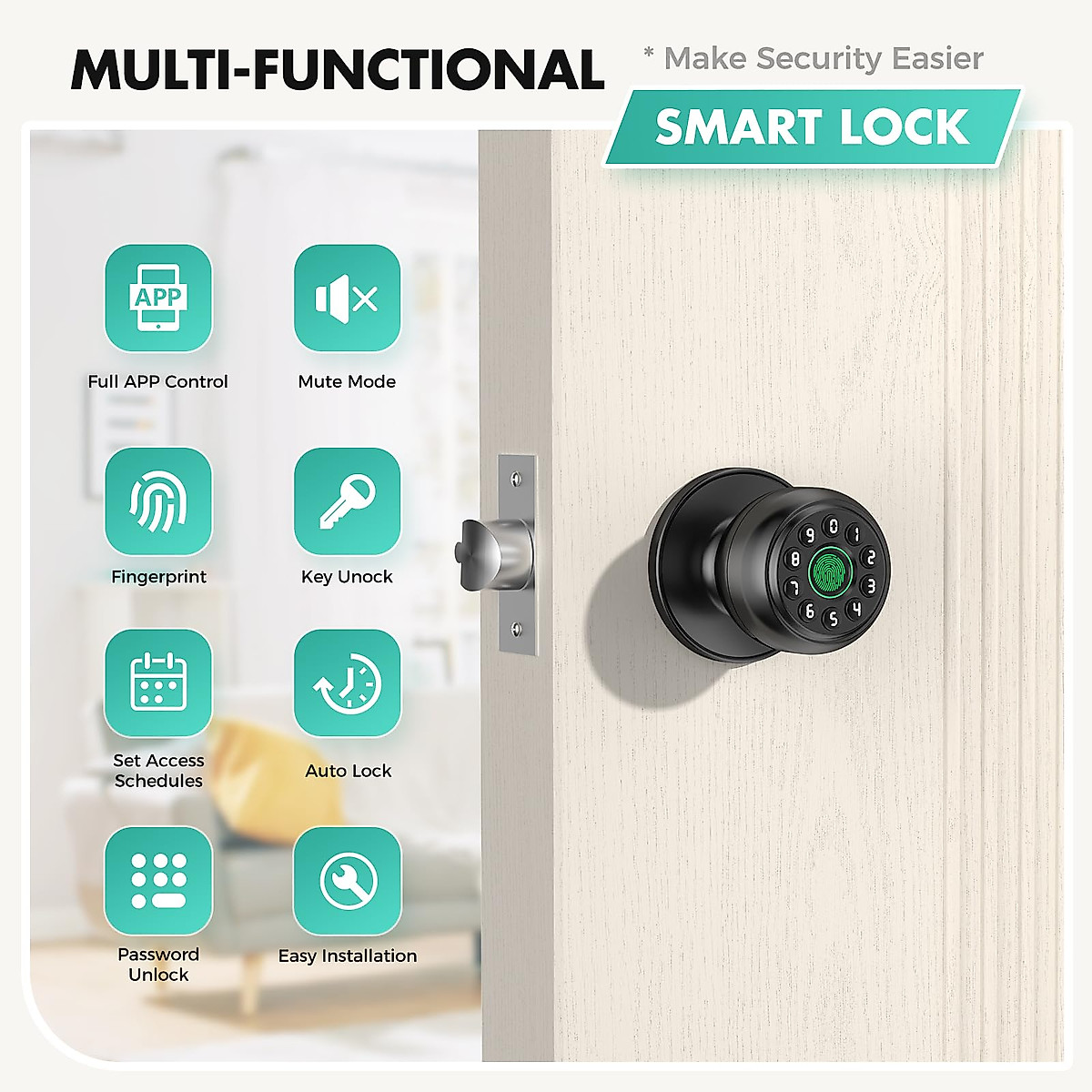 Fingerprint Door Lock，Fingerprint and Keypad Input Smart Door knob, App Controlled Biometric Door Lock, Keyless Entry, Bedroom, Office, Hotel, Apartment Auto Door knob(Matte Black)