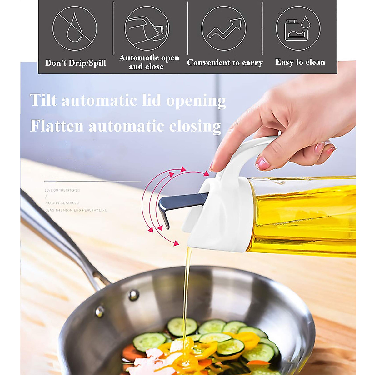 LayYun Auto Flip Olive Oil Dispenser Bottle,600 ml 20 OZ Leakproof Vinegar Glass Condiment Container With Automatic Cap and Stopper,Non-Drip Spout,Non-Slip Handle for Kitchen Cooking