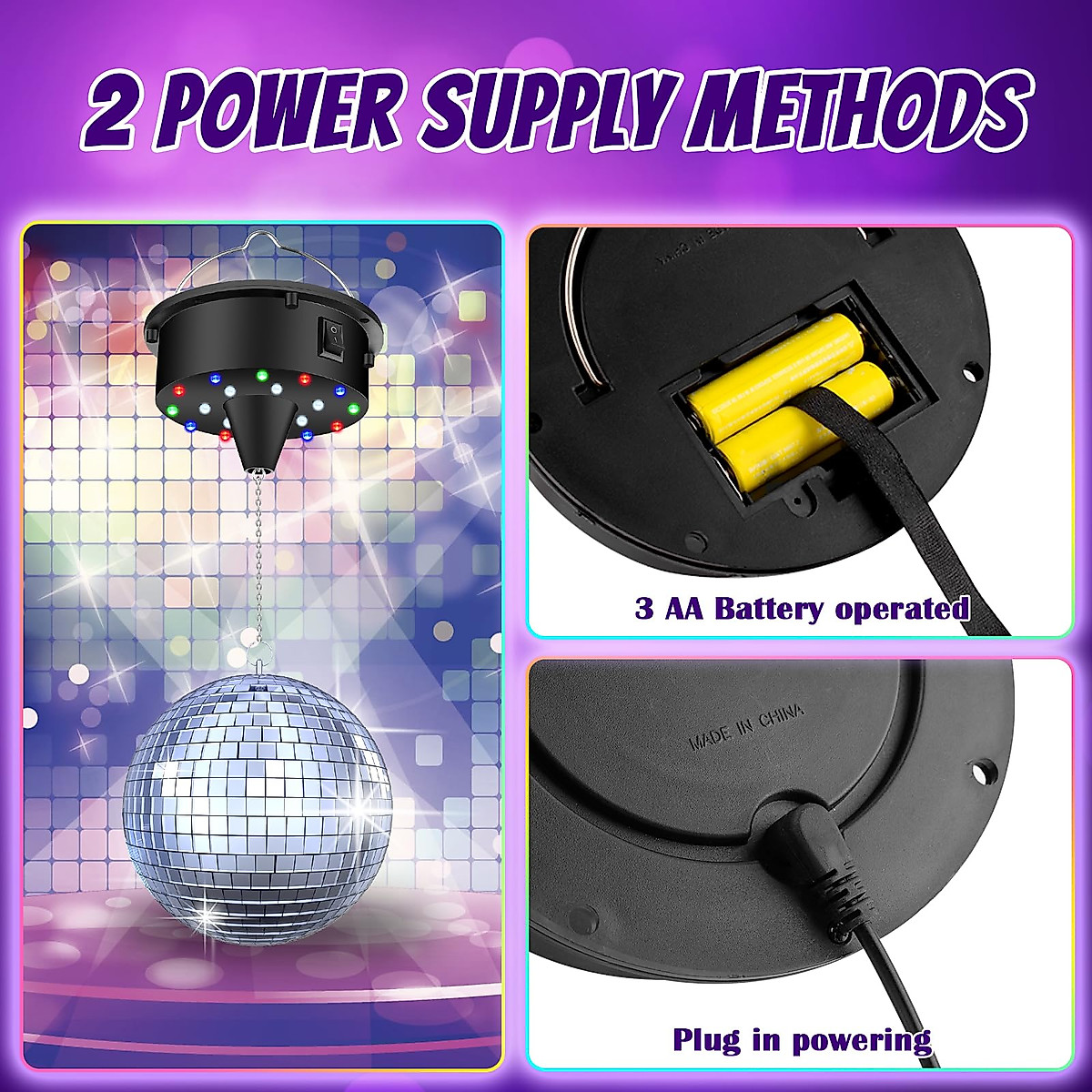 10 RPM Disco Ball with Motor and Disco Ball — Plug/Battery Powered Disco Ball Light with 4 Color Lights,18 LED Beads and Mirror Ball, Christmas Party, Back to 70s Theme Party Supplies