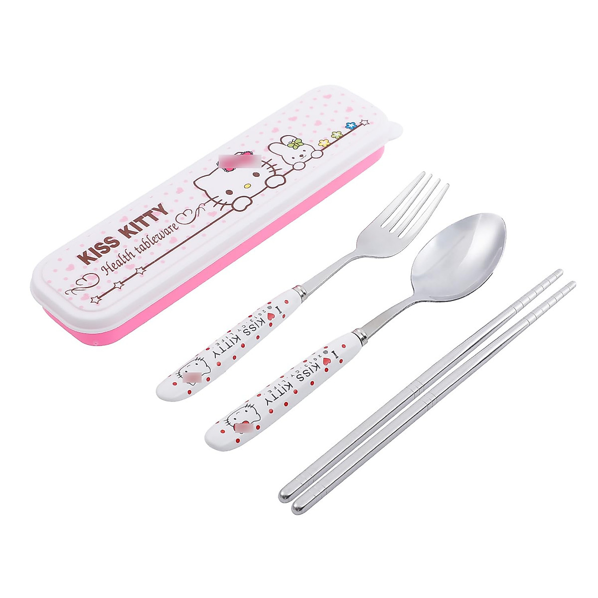 G-Ahora Kitty Portable Camp Reusable Flatware Kitty Cat Travel Utensils Case with Stainless Steel Fork Spoon Chopsticks(SCF-KT)