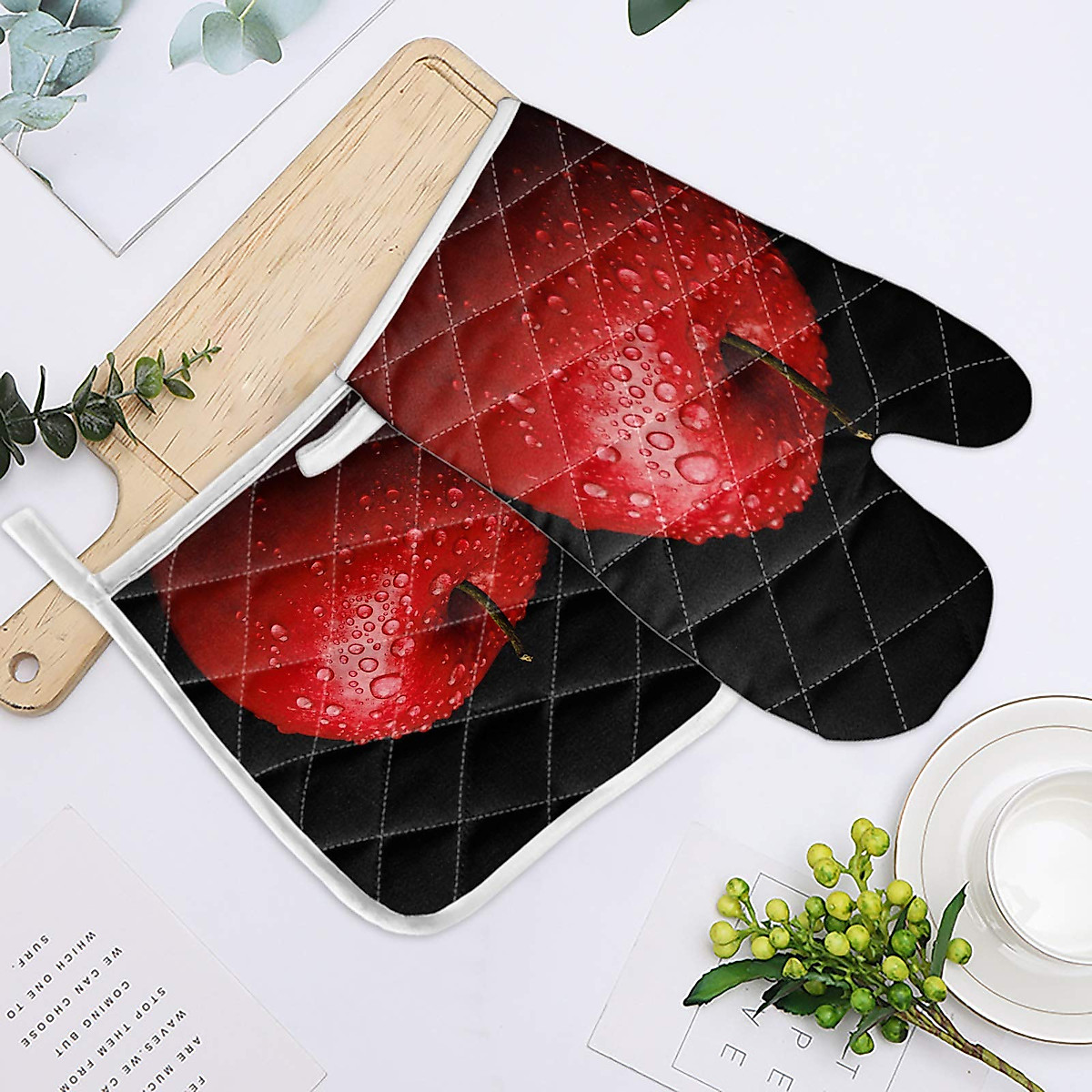 Kitchen Oven Gloves Red Apples with Water Drops Oven Mitts Pot Holder Set Black Background Hot Pad Sets for Kitchen BBQ Cooking Baking Grilling Heat Resistance 12 x 6 inch + 8 x 8 inch
