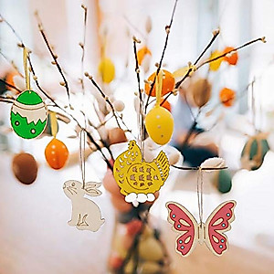Max Fun 60PCS Easter Wood Cutouts for Crafts Easter Unfinished Ornaments DIY with Bunny to Paint for Kids Easter Party Decorations Decor Hanging Egg Shapes with Drawing Pen and Hang Cords