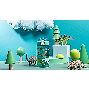 Zak Designs Kids Water Bottle For School or Travel, 16oz Durable Plastic Water Bottle With Straw, Handle, and Leak-Proof, Pop-Up Spout Cover (Dinosaur)
