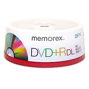 Memorex Dual-Layer DVD+R Discs, 8.5GB, 25/Pack