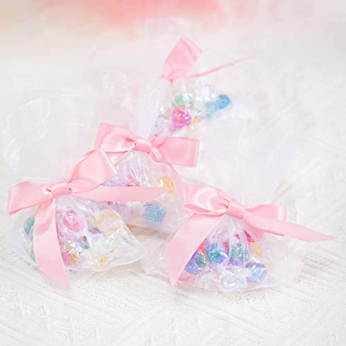 AIMUDI Baby Pink Satin Ribbon Twist Tie Bows 3.5" Light Pink Pretied Bows Premade Craft Bows for Treat Bags Cake Pop Gift Wrapping Basket Wedding Favors Cookie Candy Bagging Baby Shower - 50 Counts