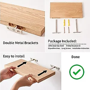 Conamily Oak Floating Shelves, 100% Solid Oak Wood 12inch Wall Mounted Natural Wood Wall Shelf Display Shelf for Home Office Living Room Bedroom Wall Storage Shelf