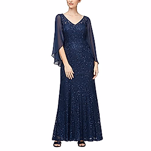Alex Evenings Women's Long A-Line Dress with Draped Cowl Back, Navy, 14