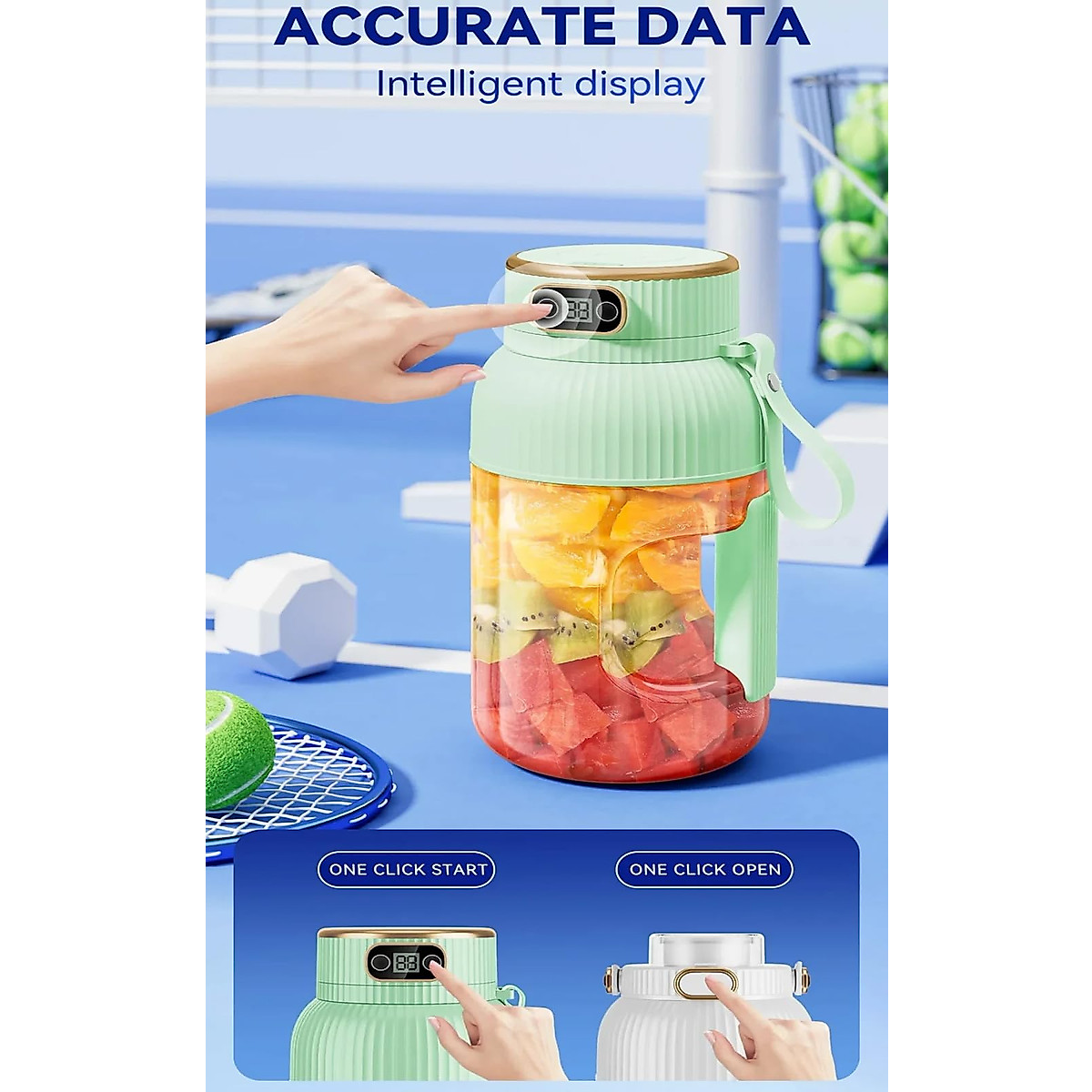 42 Oz The Ovidian Portable Juicer, 2-In-1 Ovidian Large Capacity Juicer Cup, Multifunctionalportable Blender for Smoothies With Digital Display for Sports, Fitness and Daily Life (Green-double cover)