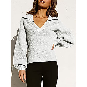 ANRABESS Women Polo V Neck Batwing Long Sleeve Casual Oversized Ribbed Knit Fall Pullover Sweater Top 599bai-L White