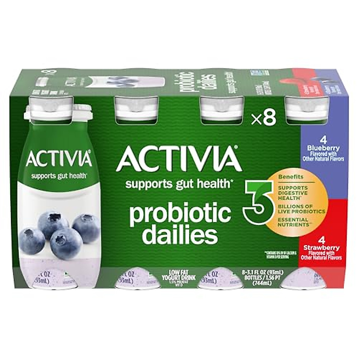 Activia Probiotic Dailies Strawberry and Blueberry Lowfat Yogurt Drinks, Delicious Daily Probiotic Yogurt Drinks to Help Support Gut Health, 8 Ct, 3.1 FL OZ