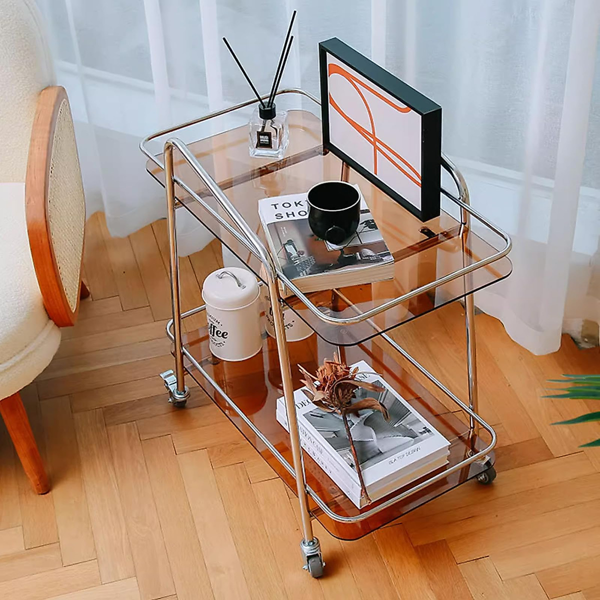 VLOBAOM 2-Tier Rolling Bar Cart, Modern Serving Cart with Lockable Wheels, Mobile Home Coffee Station Metal Frame, Kitchen Trolley Storage Shelf,25''Dx15''Wx27''H,Clear