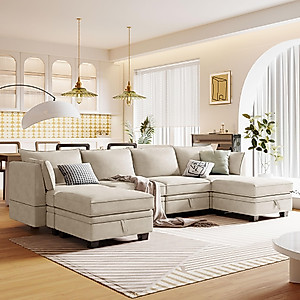 P PURLOVE Modern Large Sectional Sofa, U-Shape Modular Sectional Sofa with Storage Function and 2 Pillows, Convertible Sofa Bed with Reversible Chaise for Living Room, Beige