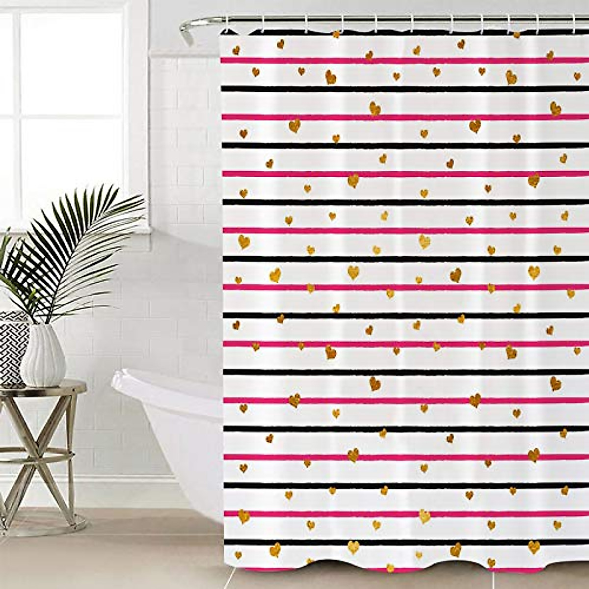 BestLives Valentines Shower Curtain Sets with Rugs Stripe Gold Love Hear Soft Toilet Lid Cover for Bathroom Classic Black Pink Stripe 4 Pcs Bathroom Sets with Bath Mat and 12 Hooks
