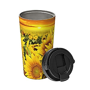 Annava Travel Coffee Mug Vacuum Insulated Double Stainless Steel Hot/Cold Drink Cup, Lid With Invisible Lift Ring(17oz Sunflower Pattern)