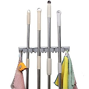 U.S. Solid Mop and Broom Holder, Wall Mounted, 4 Sliding Grippers & 4 Hooks, Garden Tool Organizer, Organize Kitchen, Garage, Laundry, Storage Rooms, 15.7 Inches