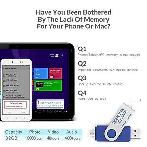 BorlterClamp 32GB USB Flash Drive Dual Port Memory Stick, OTG Swivel Thumb Drive with Micro USB Drive Port for Android Smartphone Tablet & Computer (Blue)