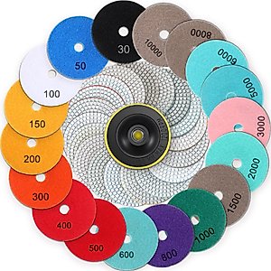 Blosssound 20 Pcs 4 Inch Diamond Polishing Pads with 5/8''-11 Backer Pad and Drill Bit Adapter Wet Dry Polish Pad Kit Granite Polishing Kit 30-10000 Grit Pads for Granite Marble Stone Polishing