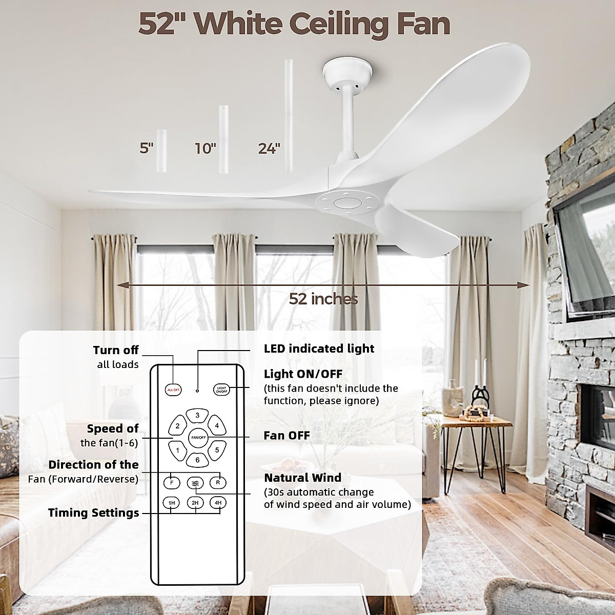 KASASS Ceiling Fan with Remote Control No Light, 52" Low Profile Ceiling Fan Outdoor/Indoor, 3 Blades 6 Speeds Reversible DC Motor Modern Ceiling Fans for Patio, Bedroom, Living Room, Porch (White)