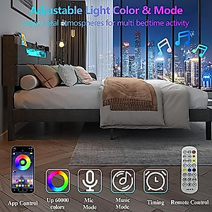 Gyfimoie Upholstered Queen Bed Frame with Adjustable Storage Headboard, Bed Frame Queen Size with Charging Station & LED RGB Light, Platform Bed Frame Wood Slates Support, No Spring Box Needed
