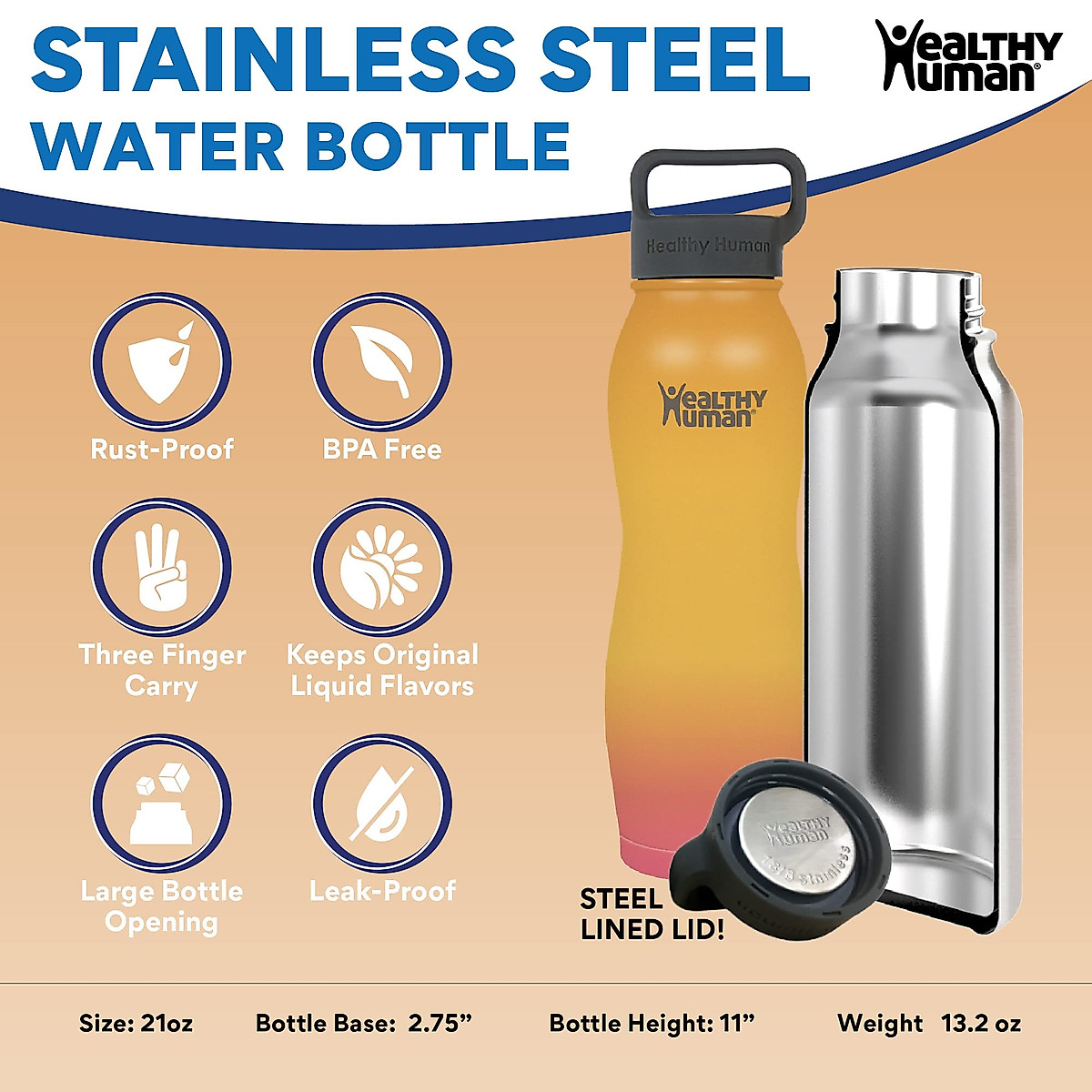 Healthy Human Stainless Steel Curve Water Bottle | 100% BPA Free Thermos for Kids & Adults | Vacuum Insulated Water Bottles | Metal Bottles with Leak Proof Lid (21 oz/ 621 ML, Sunrise)