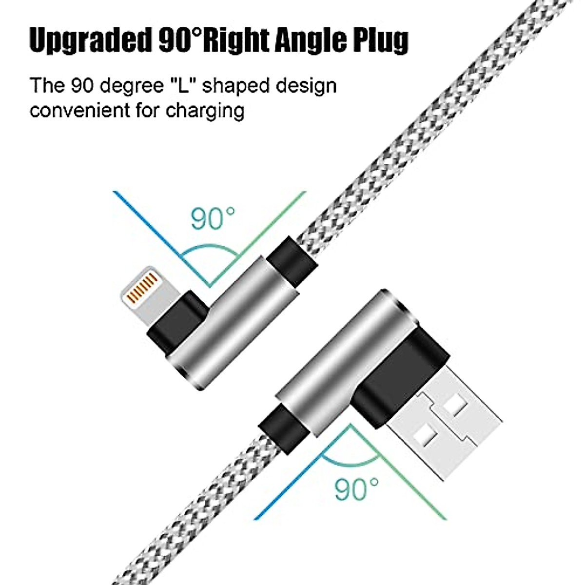 finekeep 90 Degree iPhone Charger Cable10FT 3 Pack Heavy Duty iPhone Charger Nylon Braided Fast Charging Cord Compatible with iPhone 121111 ProXS MaxXRX876s Plus5SE (Grey)