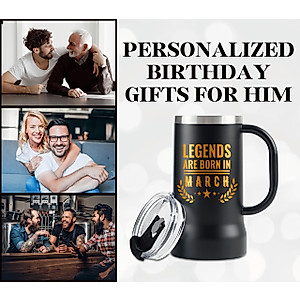 Onebttl Funny Birthday Gifts for Men, Him, 24 oz Travel Mug with Handle, Beer Stein for Men, Legends are Born in March
