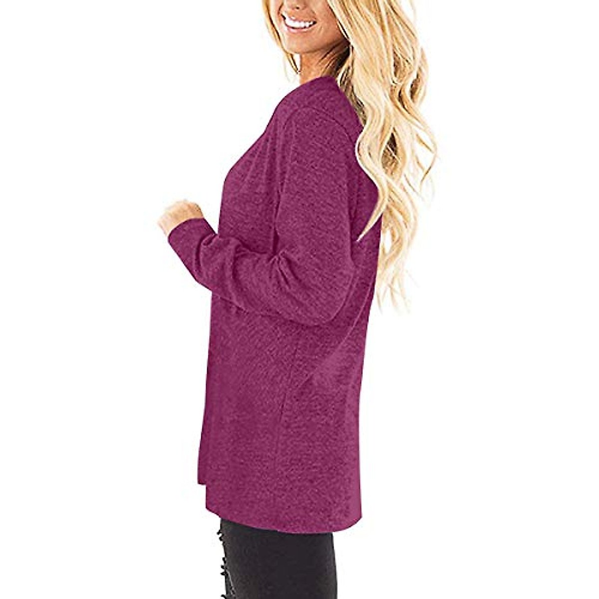 Jescakoo Womens Long Sleeve Tops Loose Fall Tunic Shirts V Neck Workout Fuchsias S