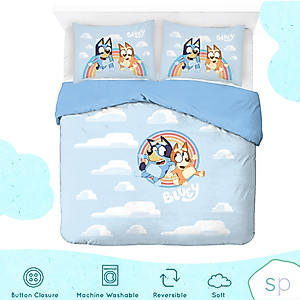 Saturday Park Bluey and Bingo Rainbow Clouds Full/Queen Duvet Cover & Sham Set - 3 Piece 100% Organic Cotton Duvet Set - GOTS & Oeko-TEX Certified