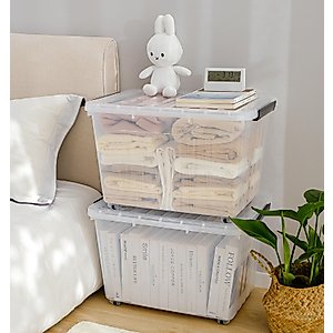 Cetomo 85Qt*6 Plastic Storage Bins, Storage Box, 6 Pack, Organizing Container with Wheels, Durable Lids and Secure Latching Buckles, Stackable and Nestable, Clear with Black Buckle