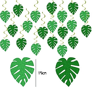 32Pcs Hawaiian Luau Party Decorations Palm Leaves Hanging Swirl,Tropical Safari Jungle Glitter Green Palm Leaves Decorations for Summer Beach Party Baby Shower Ceiling Hanging Foil Swirls