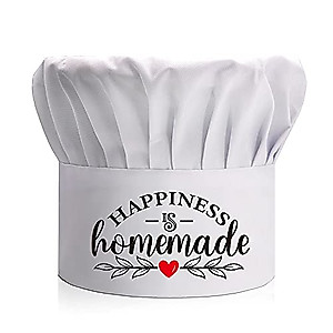 DYJYBMY Happiness is Homemade, Adult Adjustable Kitchen Cooking Hat with Elastic Band Chef Baker Cap White, Cooking Grilling BBQ Gifts for Woman, Wife, Mom, Her, Grandma