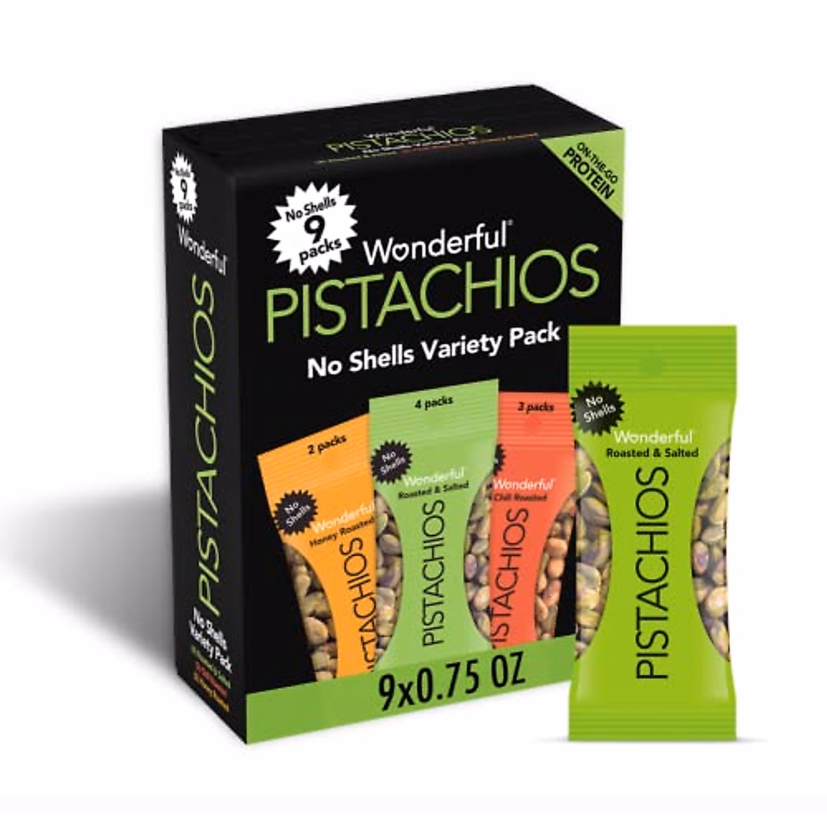 Wonderful Pistachios No Shells, 3 Flavors Mixed Variety Pack of 9 (0.75 Ounce), Roasted & Salted Nuts (4), Chili Roasted (3), Honey Roasted (2), Protein Snack, On-the Go Snack