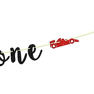 Aonbon Black Glitter Fast One Banner, Race Car Themed Banner, Baby Boy's 1st Birthday Decoration, Chequered Flag Themed Party Supplies