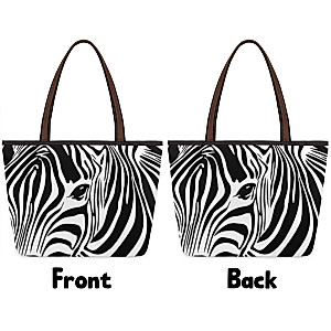 Zebra Animal Print Large Totes Top Handle Purse Women Shoulder Bag, Zebra Pattern Tote Bag with Zipper Handbag for Travel School Girls