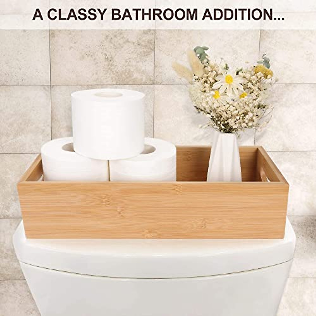 Toilet Paper Storage - Bamboo Bathroom Tray with Handles - Wooden Basket for Toilet Tank Top and Counter, or Rustic Home Decor Box for Vanity