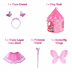 Playz 5-Piece Princess Castle Girls Pop Up Play Tent & Dress Up Costume Bundle - Playhouse Gift for Girls & Toddler for Indoor & Outdoor Use with Pink Fairy Tale Carrying Bag & Glow in The Dark Stars