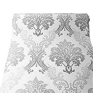 Yija Vintage White - Silver Floral Damask Wallpaper Vinyl Peel Stick Dresser Dresser Drawer Kitchen Adhesive Paper Sticker 17.7inch by 98inch