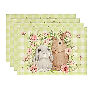 Artoid Mode Green White Bunny Rabbit Flowers Buffalo Plaid Easter Placemats Set of 4, 12x18 Inch Spring Table Mats for Party Kitchen Dining Decoration