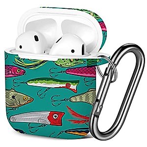 [ Compatible with AirPods 2 and 1 ] Shockproof Soft TPU Gel Case Cover with Keychain Carabiner for Apple AirPods (Pop Colorful Fishing Lures)