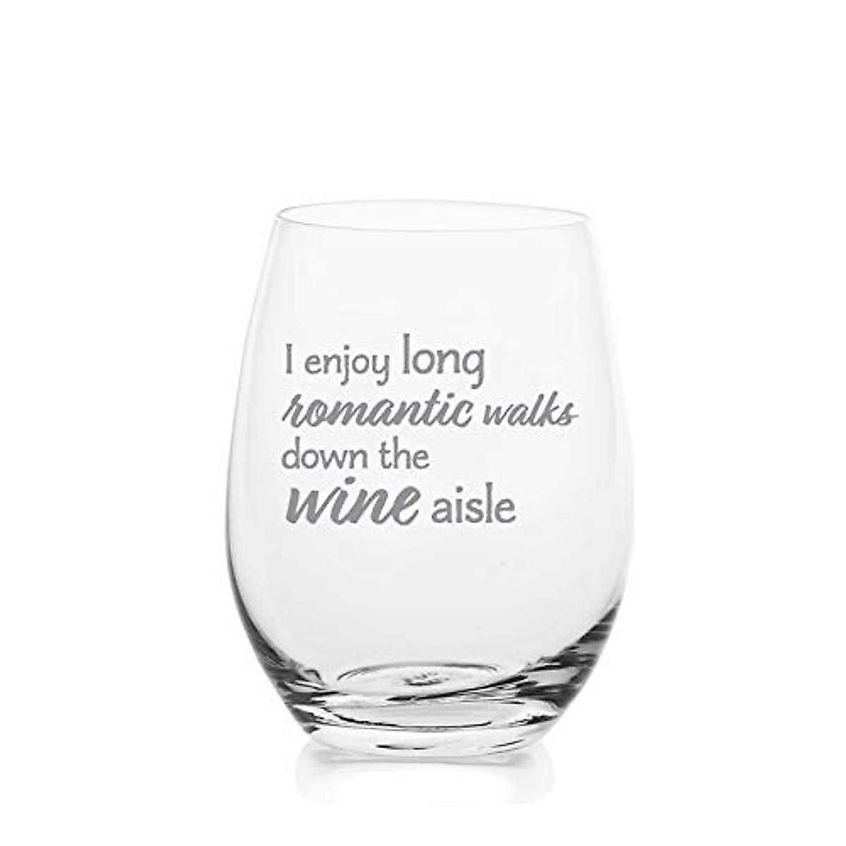 Lushy Wino – I Enjoy Long Romantic Walks Down The Wine Aisle – Cute, Novelty, Etched Stemless 18-Ounce Wine Glass with Funny Sayings in Gift Box