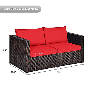 RELAX4LIFE 2-Piece Patio Rattan Loveseat - Sectional Corner Sofa Set w/Removable Cushions & Pillows, All Weather Furniture Set for Porch, Poolside, Balcony, Yard, Outdoor Wicker loveseat (Red)