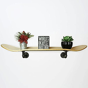 Floating Industrial Style Skateboard Deck Shelf with Pipe Mounting System – Custom Made Indoor Skate Shelving - Maple Wall Mount - 7.75" Stained Green Bottom