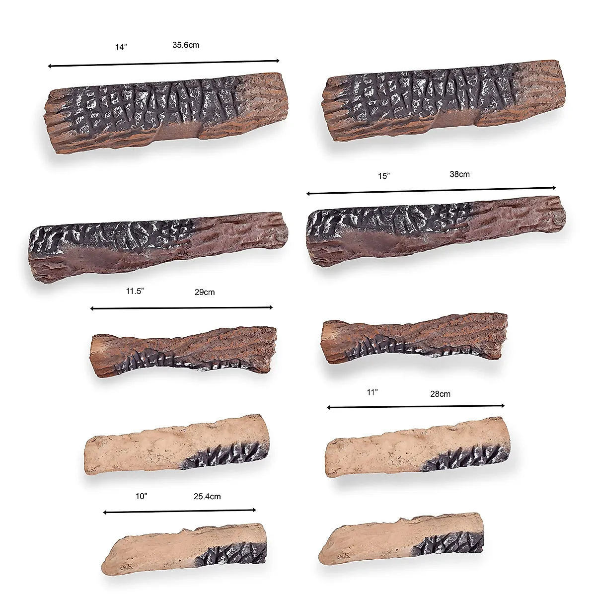 Chesio Ceramic Fire Log Set - 10 Piece Indoor Fireplace Logs - Complete with Rockwool Glowing Embers