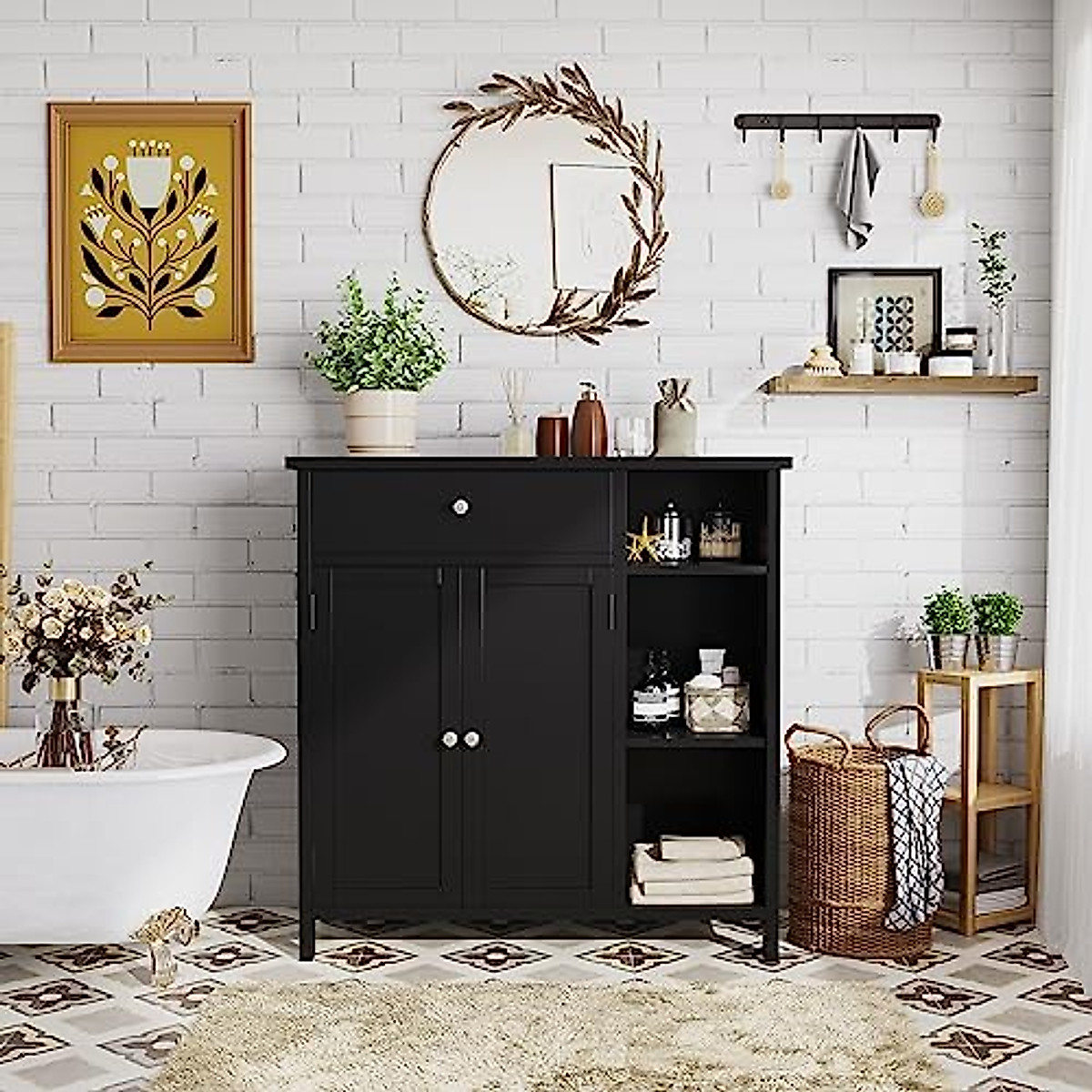 Irontar Bathroom Cabinet with Doors, Bathroom Floor Cabinet with Drawer & Adjustable Shelf, Kitchen Cupboard Storage for Living Room, Entryway, Black