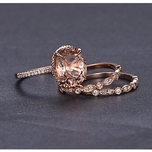 Oval Morganite Engagement Ring Trio Bridal Set Milgrain Under Gallery 14K Rose Gold Art Deco 10x12mm