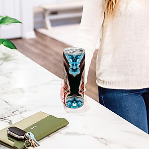 Elanze Designs Burnt Umber & Arctic Blue Crystal Gemstone Geode Wrap-Around Design 20 Ounce Stainless Steel On-The-Go Coffee Travel Insulated Skinny Tumbler Mug Cup with Slide Top Lid