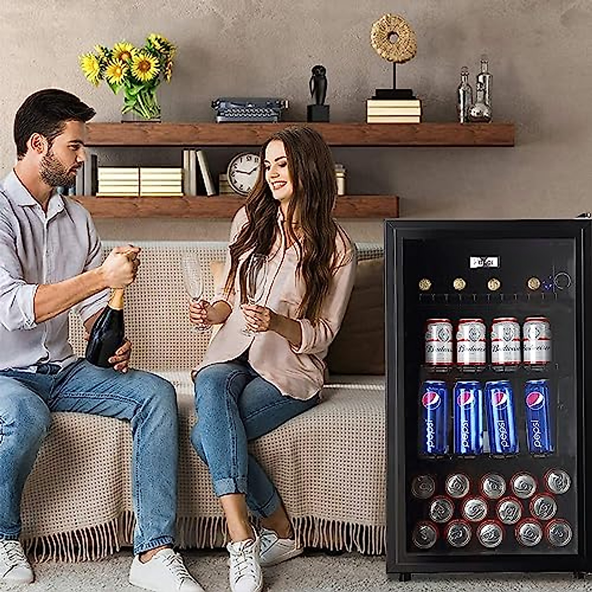 Beverage Refrigerator and Cooler - 120 Can Mini Fridge with Glass Door for Soda Beer or Wine - Small Drink Dispenser Machine for Office or Bar with Adjustable Removable Shelves