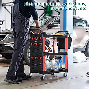 YITAHOME Auto Detailing Cart with Wheels, 3 Tier Rolling Detail Cart with Long Hanging Plate & Hooks & Hanging Bucket, Car Wash Organizer Cart for Detailers Garage, Workshop, Repair Shop, Storage Tool