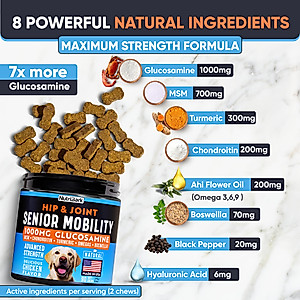 Senior Dog Joint Supplement -1000mg Glucosamine for Dogs -Advanced Hip & Joint Support Chews w/Glucosamine, Chondroitin, MSM, Turmeric & Omega 3 for Pain & Inflammation Relief, Improved Mobility