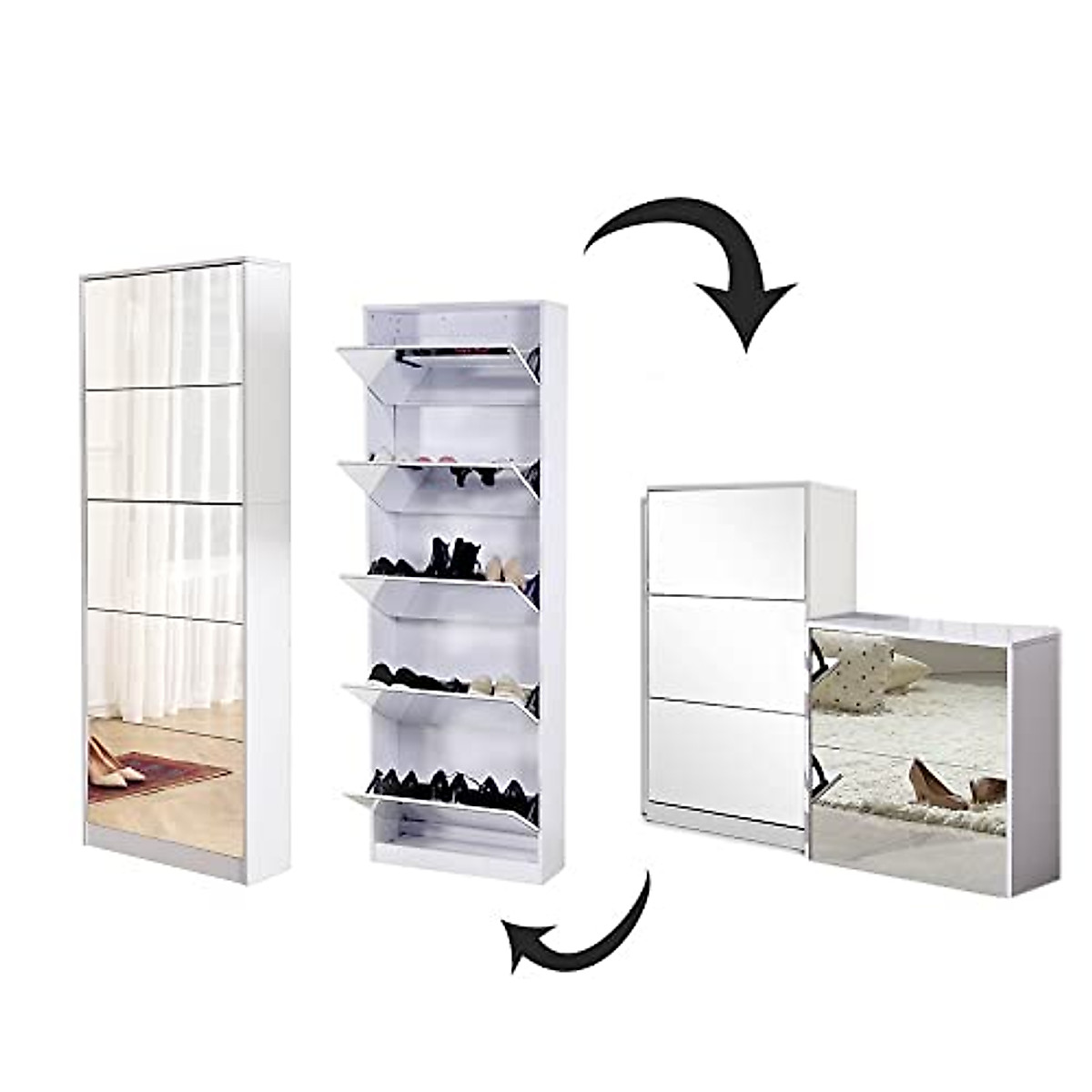 GLS Floor Standing Full Length Mirror Shoe Cabinet,5 Tier Closet Shoe Organizers for Living Room,White